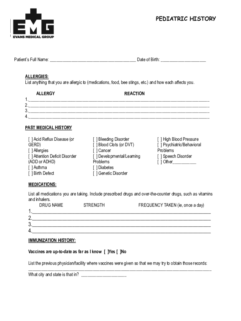 Fillable Online PEDIATRIC HEALTH HISTORY FORM (Birth - 5 years) Kristin ...