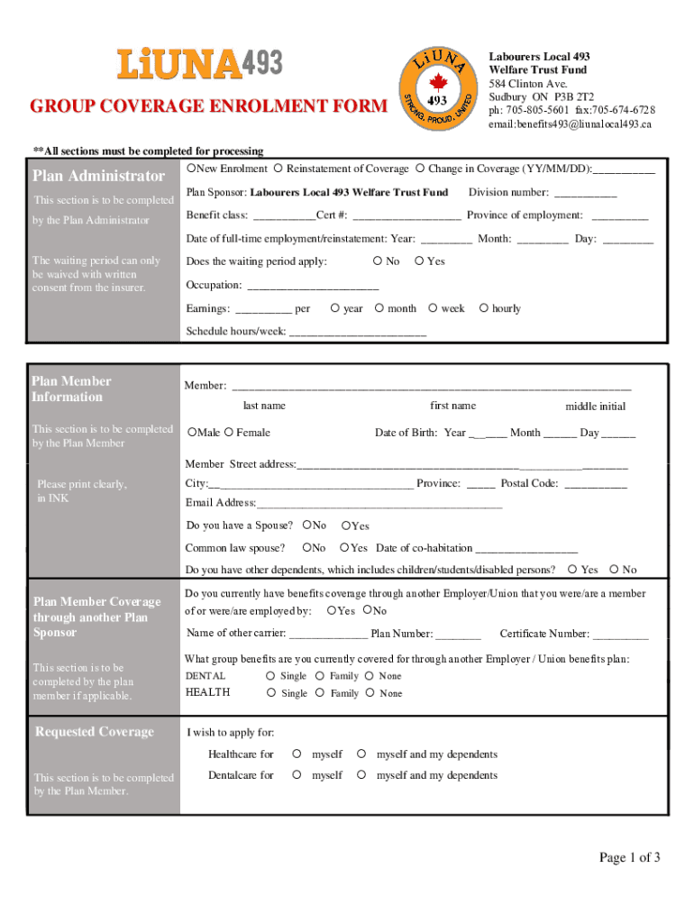 Fillable Online Member Group Benefits - LiUNA Local 493 Fax Email Print ...