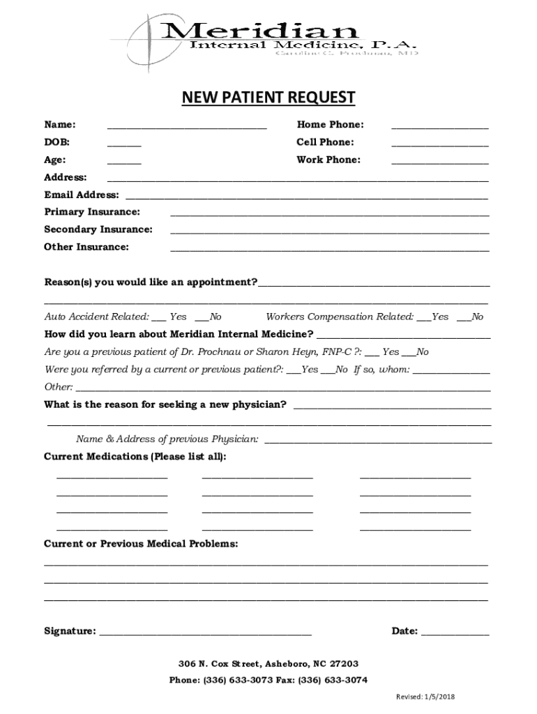 Fillable Online New Patient Request Form - Meridian Internal Med Fax ...