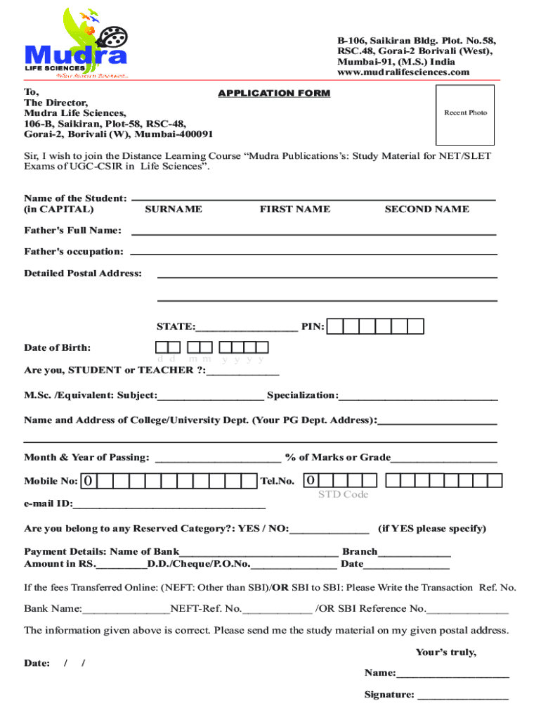 Fillable Online New. Appln Form Mudra Life Sci Fax Email Print - pdfFiller