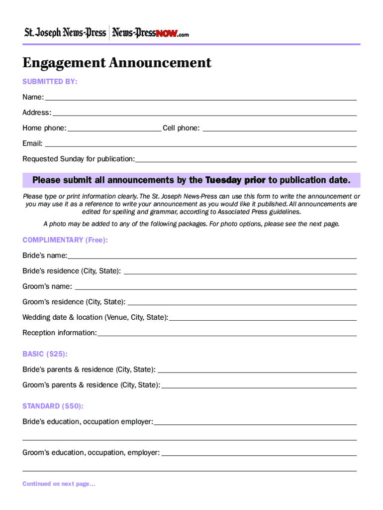 Fillable Online Engagement Announcement Worksheet - Template.net Fax ...