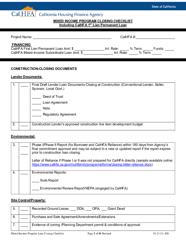 Fillable Online Mixed Income Program Closing Checklist Sample. Mixed ...