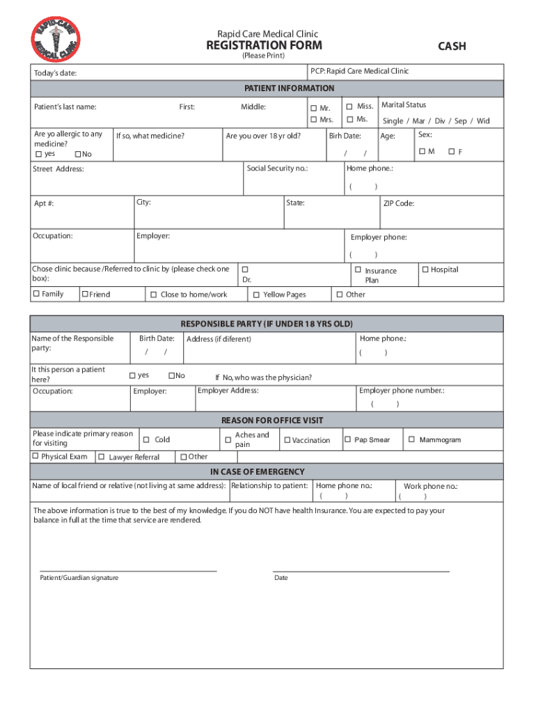 Fillable Online Rapid Care Medical Clinic REGISTRATION FORM CASH Fax ...