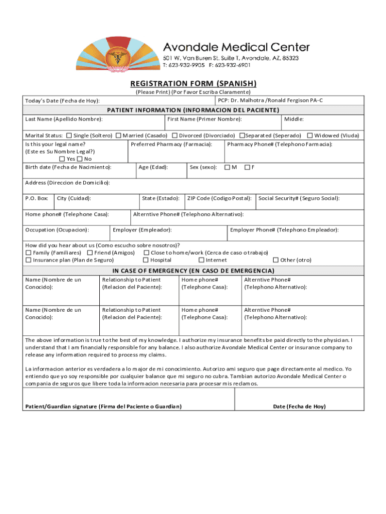 Fillable Online REGISTRATION FORM (SPANISH) - buckeyemedicalcenter.net ...