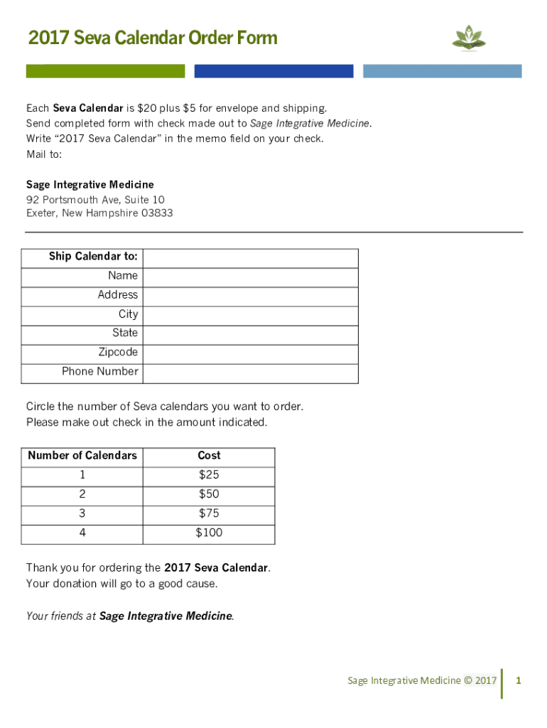 Fillable Online Seva Calendar Order Form Fax Email Print - pdfFiller
