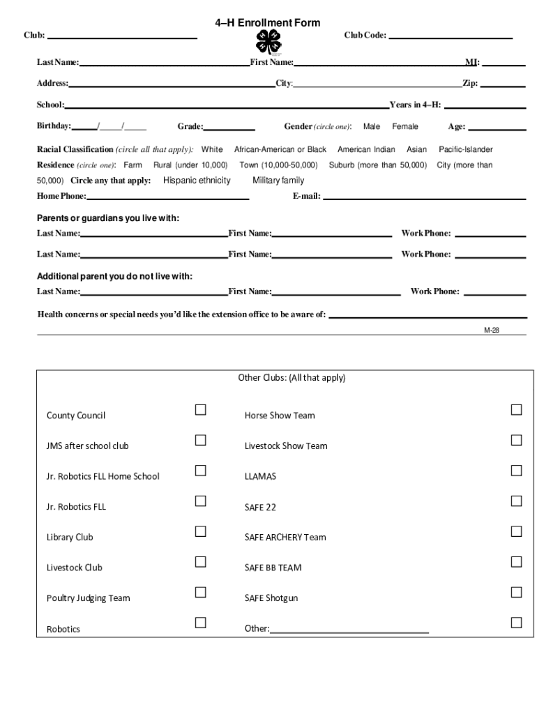 Fillable Online 4-H Enrollment Form - Extension UGA Cooperative ...