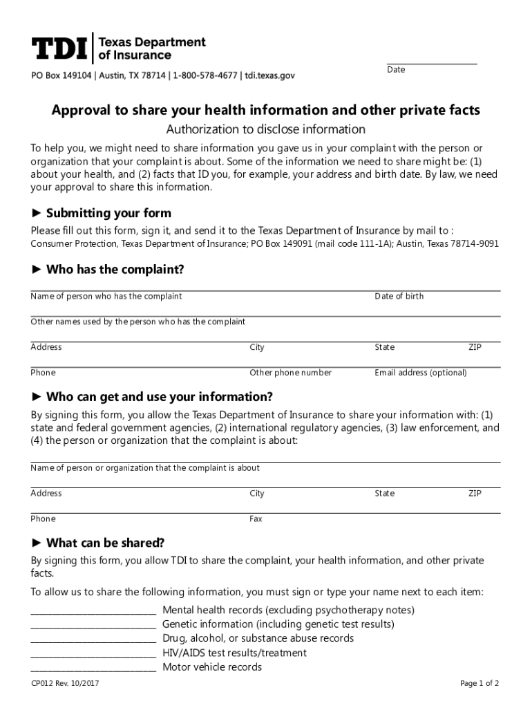 Fillable Online tdi texas Approval to share your health information and ...