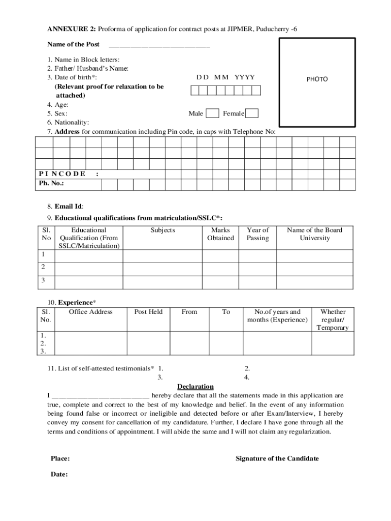 Fillable Online ANNEXURE 2: Proforma of application for contract posts ...