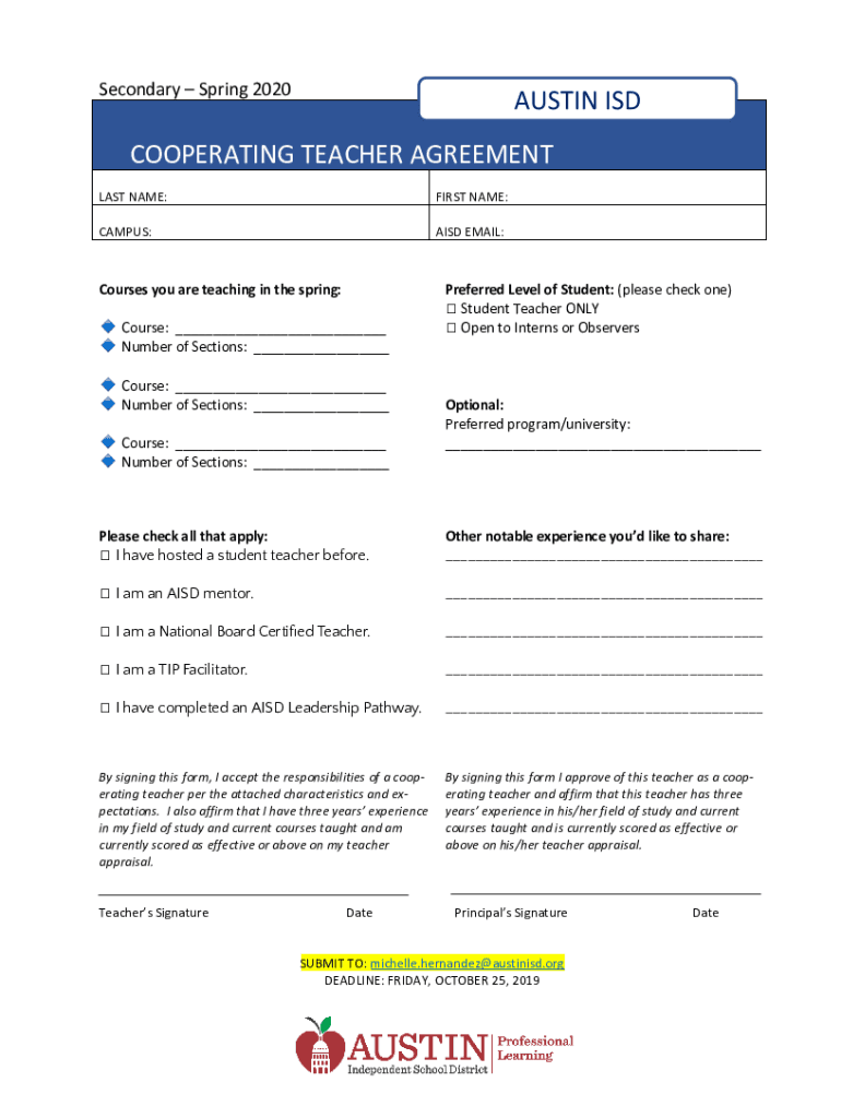 Fillable Online Secondary Cooperating Teacher Agreement - Spring 2020 ...