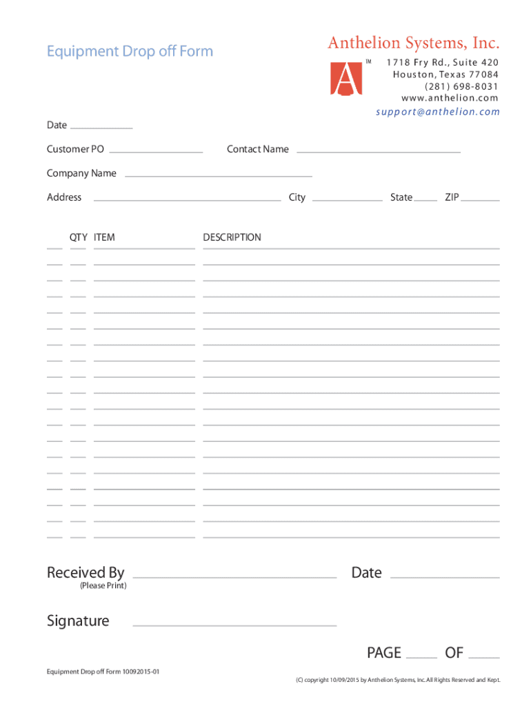 Fillable Online Equipment Drop off Form 10092015-01. Equipment Drop off ...