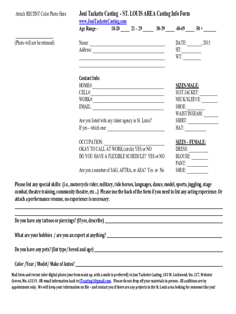 Fillable Online ST. LOUIS AREA Casting Info Form - Joni Tackette ...