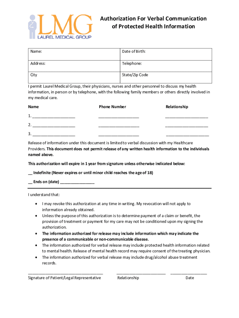 Fillable Online Authorization For Verbal Communication of ...