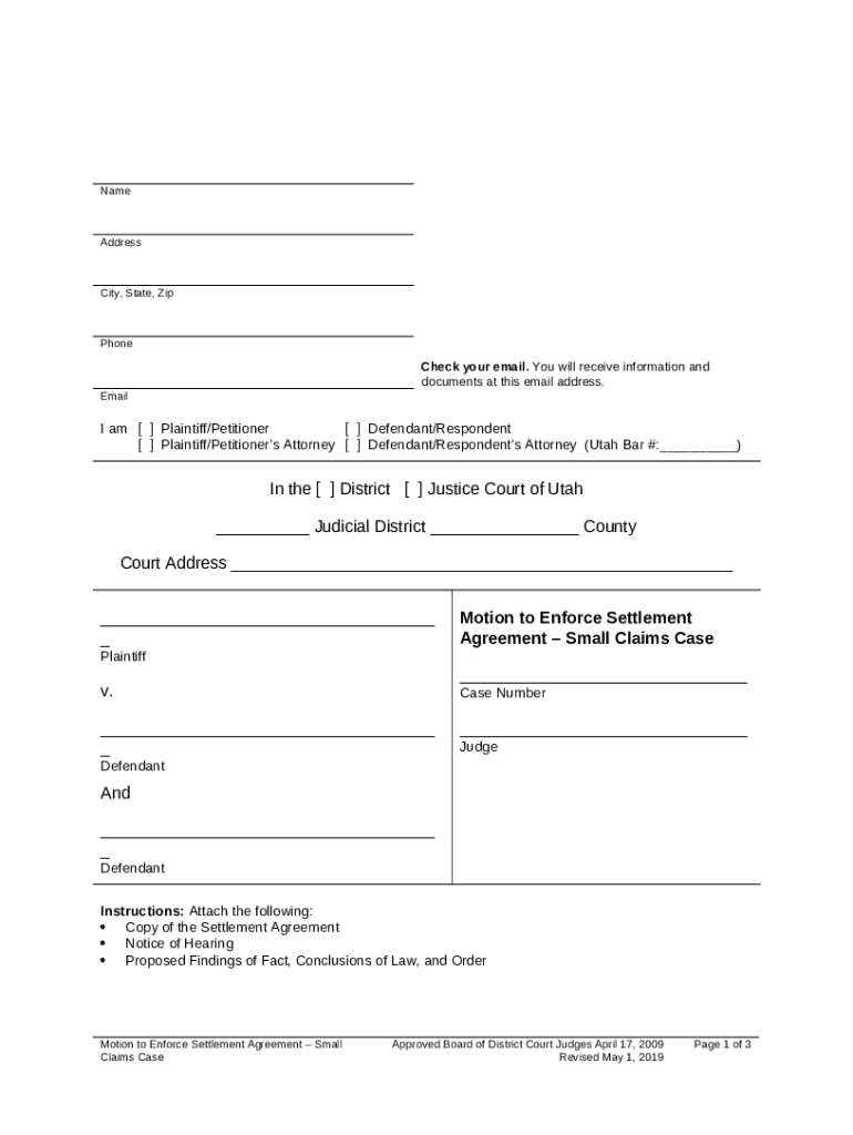 Motion to Enforce Settlement Agreement Small Claims Case Doc Template | pdfFiller