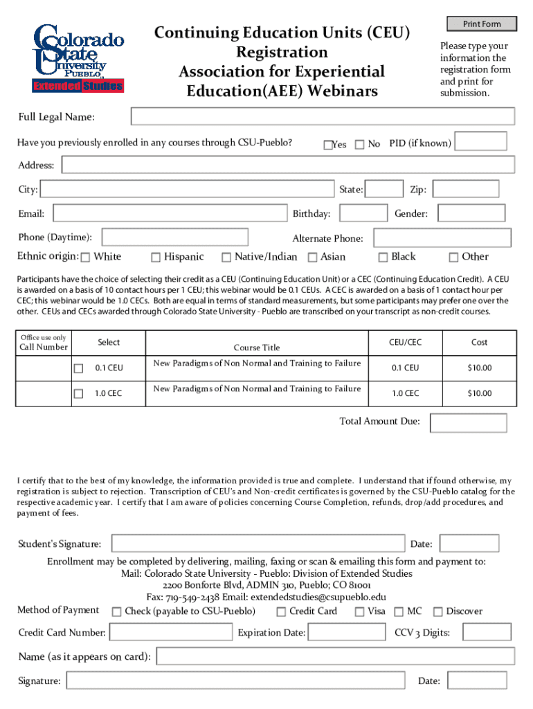 Fillable Online Continuing Education Unit (CEU) - Registration Form ...