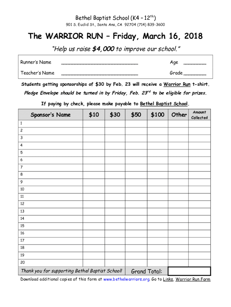 Fillable Online Warrior Run Pledge Sheet 2018 Fax Email Print - pdfFiller