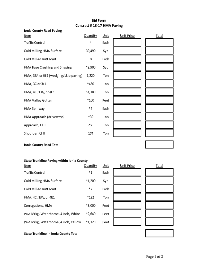 Fillable Online 18-17 HMA Paving Bid Form Fax Email Print - pdfFiller