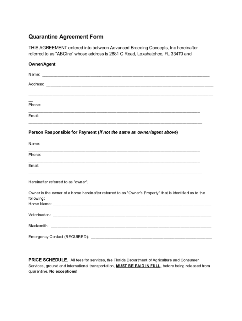 Fillable Online Quarantine Agreement Form Fax Email Print - pdfFiller