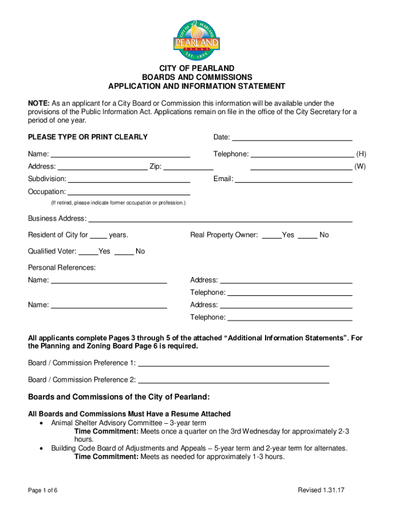Fillable Online CITY OF PEARLAND BOARDS AND COMMISSIONS APPLICATION AND ... Fax Email Print ...