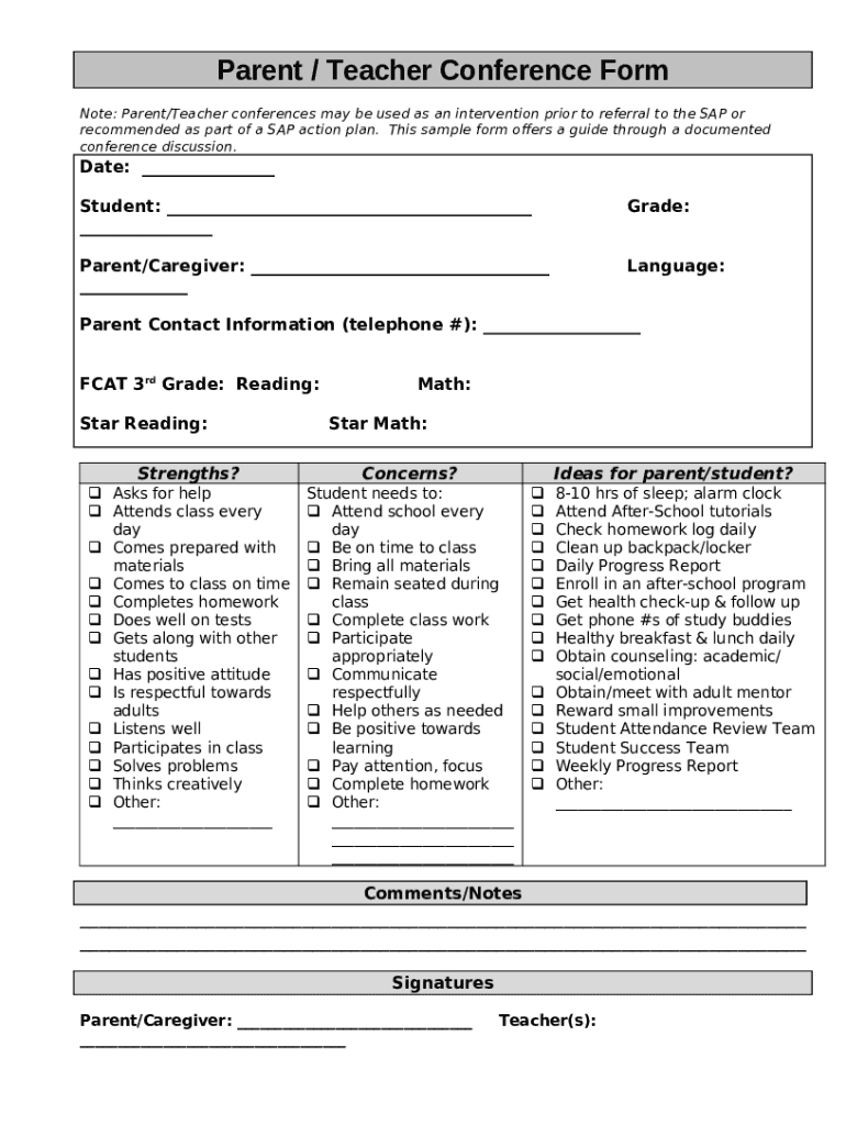Parent / Teacher Conference Note: Parent/Teacher ... Doc Template ...
