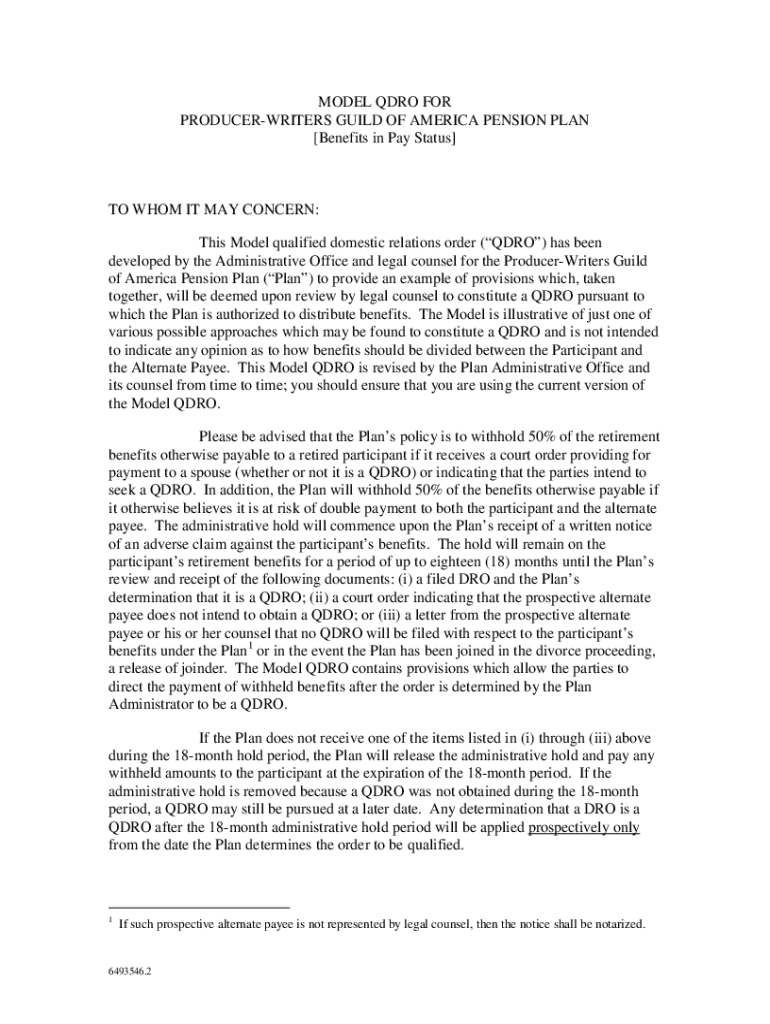 Fillable Online MODEL QDRO FOR PRODUCER-WRITERS GUILD OF AMERICA ...