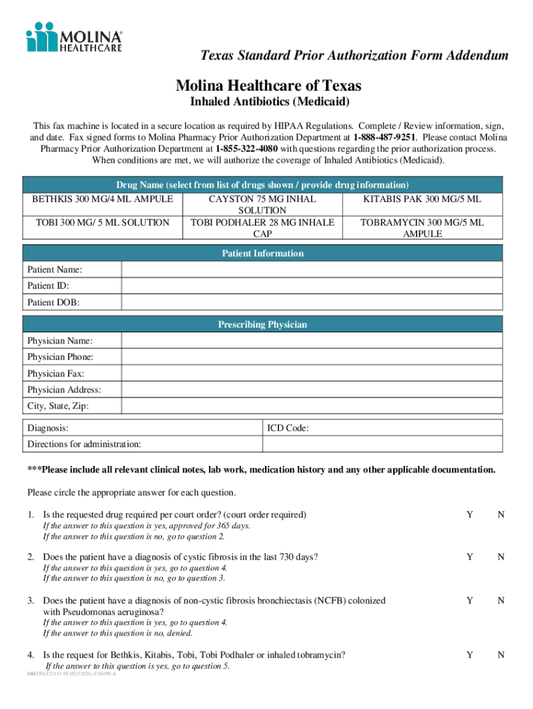 Fillable Online Texas Standard Prior Authorization Request Form for ...