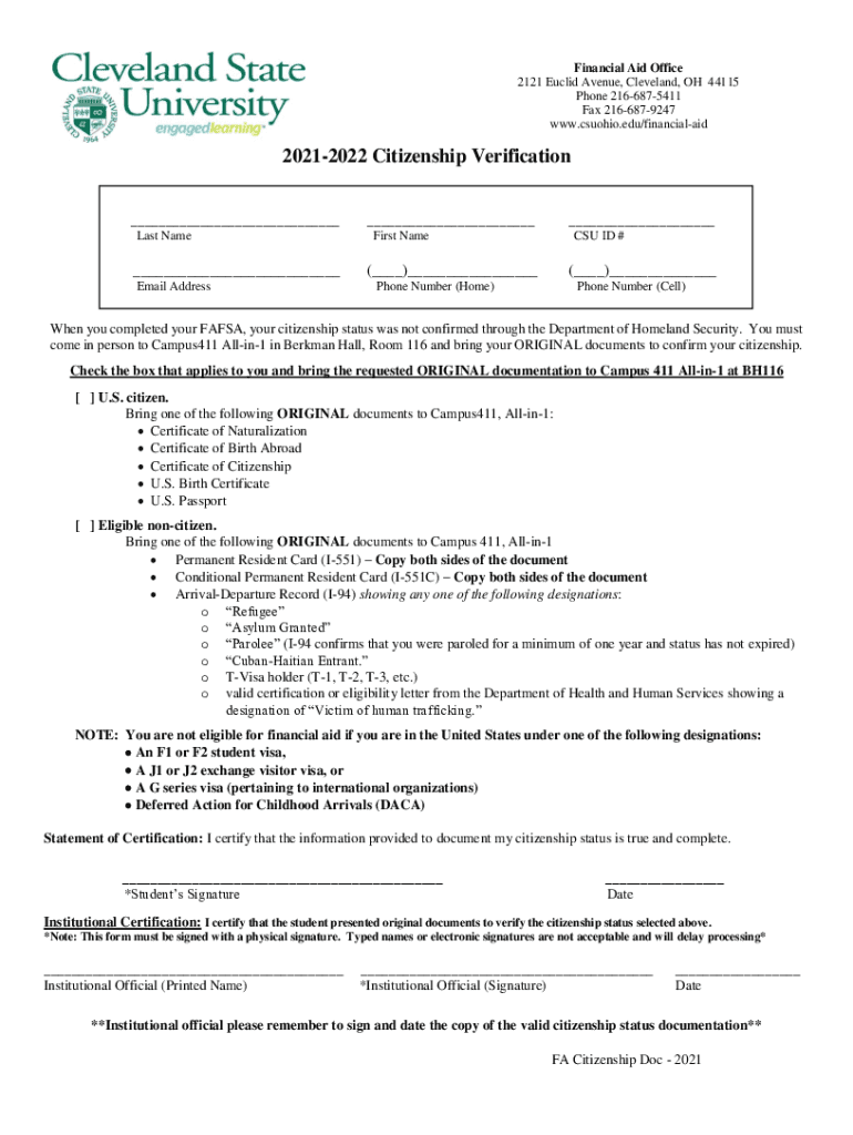 Fillable Online 2021-2022 Citizenship Verification - Cleveland State University Fax Email Print ...