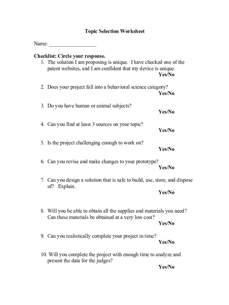 Fillable Online Topic Selection Worksheet.docx Fax Email Print - pdfFiller