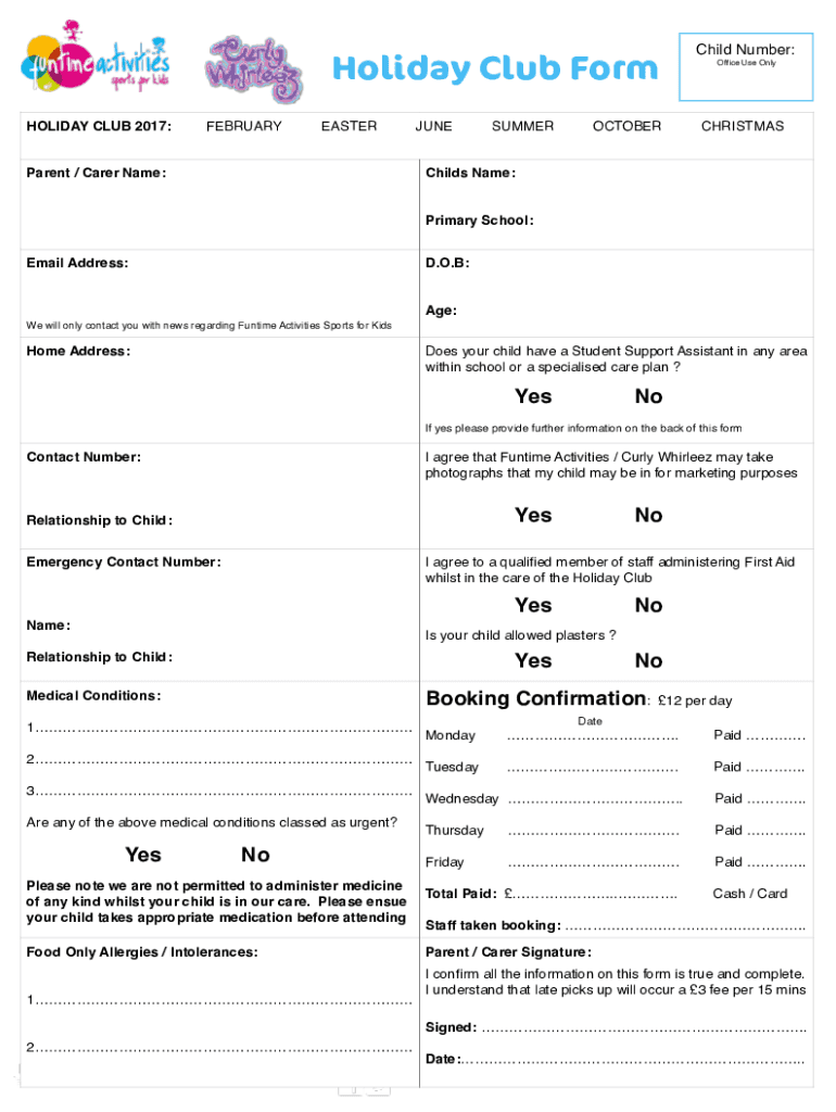 Fillable Online Funtime Holiday Club Form Fax Email Print - pdfFiller