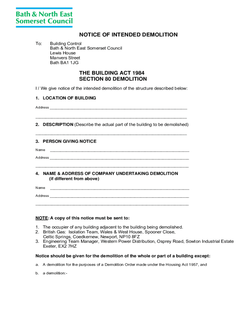 Fillable Online THE BUILDING ACT 1984, SECTION 80 DEMOLITION - Bath and ...