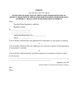 Fillable Online FORM D See rule 6(2), rule 7(4); rule 8 INTIMATION OF ...