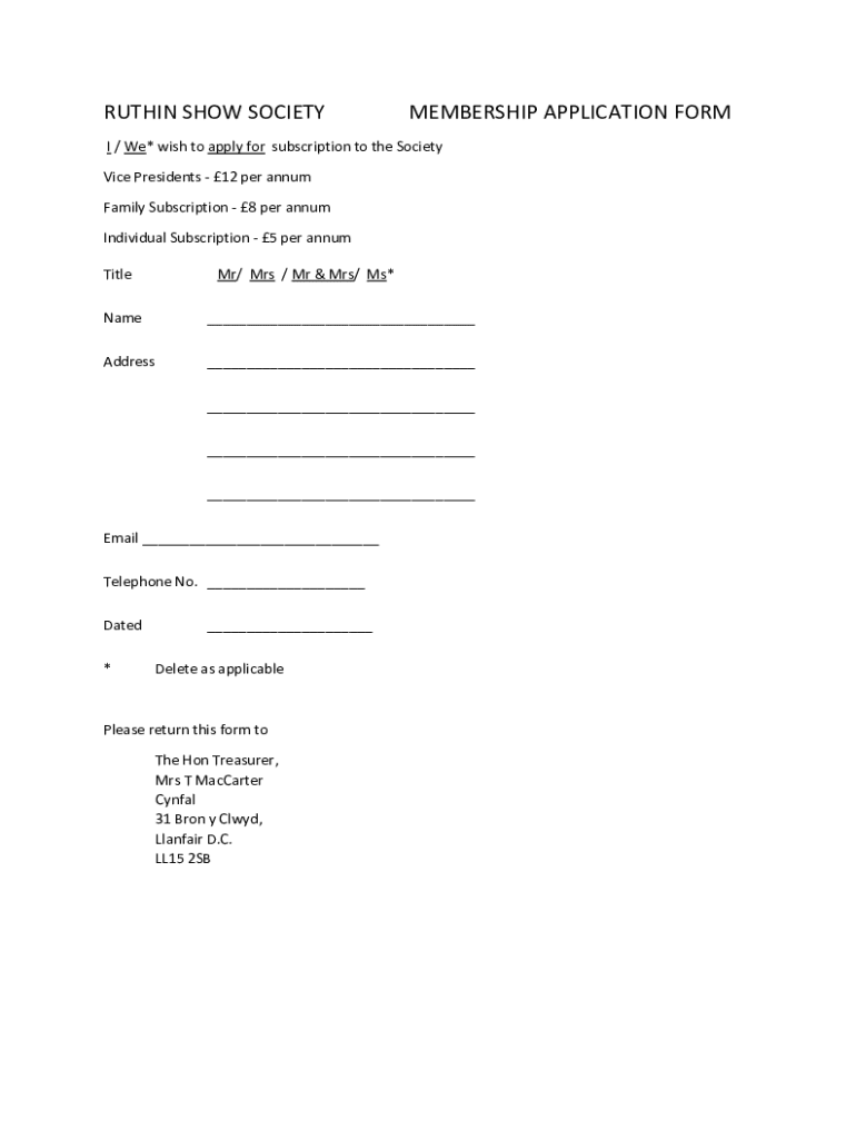 Fillable Online RUTHIN SHOW SOCIETY MEMBERSHIP APPLICATION FORM Fax ...