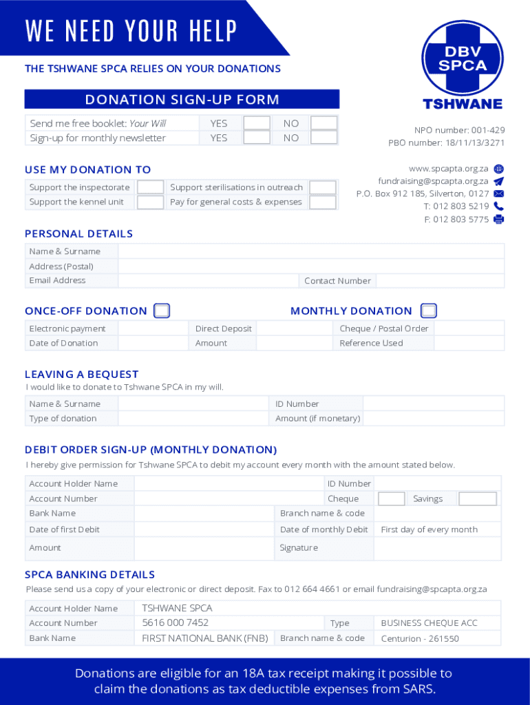 Fillable Online 2016-08-11 (V2) Tshwane SPCA Donation Sign-up Form Fax Email Print - pdfFiller
