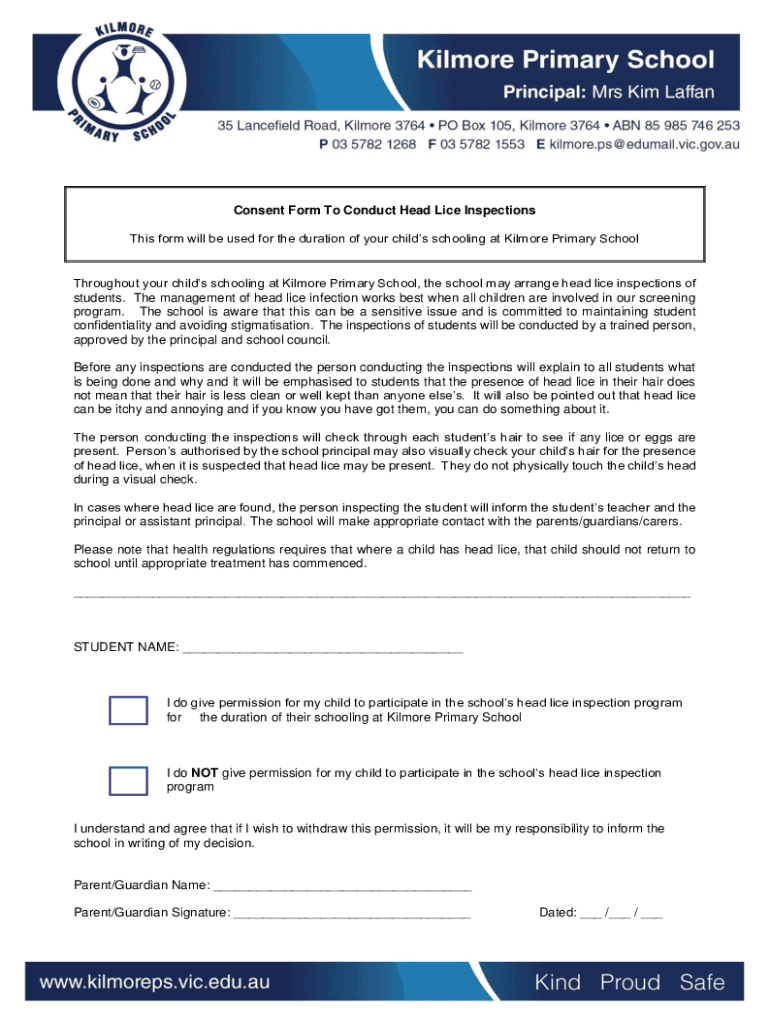 Fillable Online CONSENT FORM TO CONDUCT LICE INSPECTIONS St. Mary ...