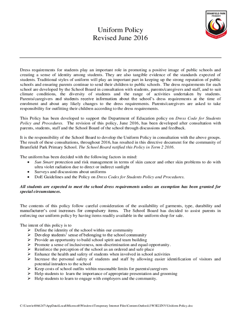 Fillable Online bramfieldparkps wa edu Implementation of School Uniform ...