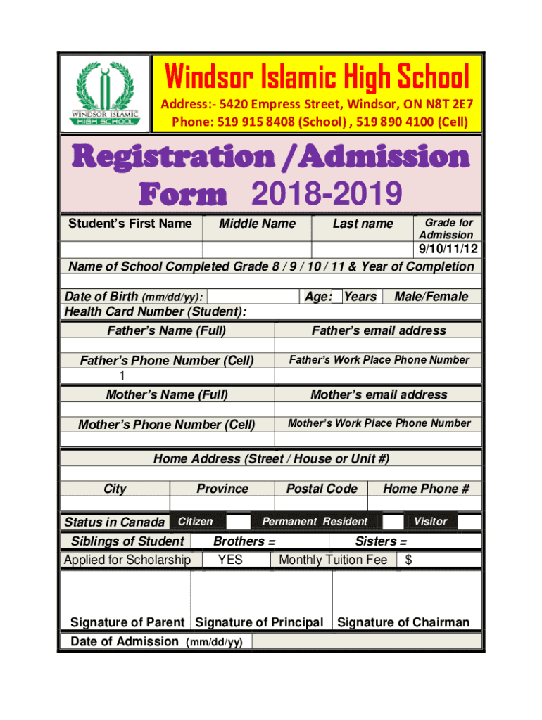 Fillable Online Windsor Islamic High School Registration /Admission ...