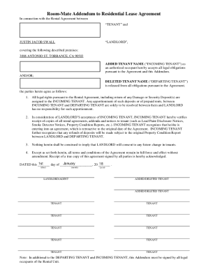 Fillable Online Room-Mate Addendum to Residential Lease Agreement Fax ...