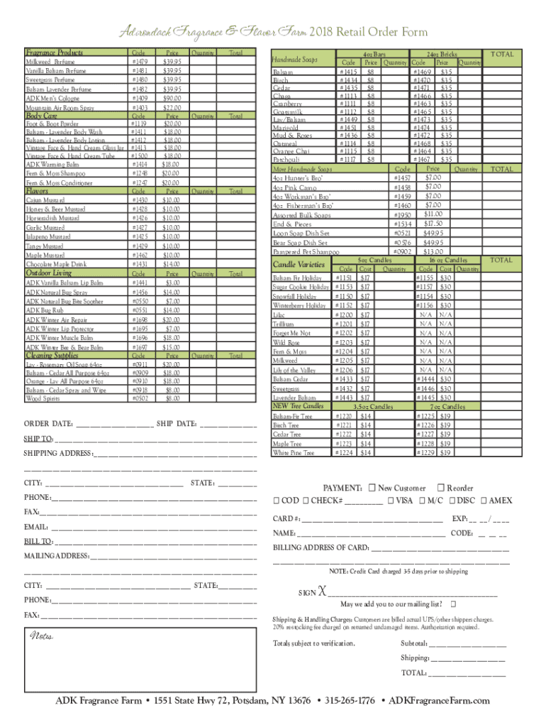 Fillable Online Adirondack Fragrance & Flavor Farm 2018 Retail Order ...