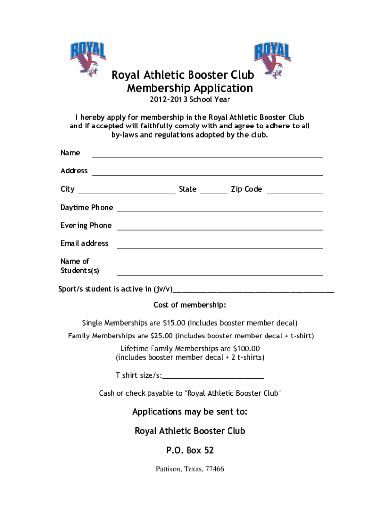 Fillable Online Booster Club Membership Form - Fill Online, Printable ...