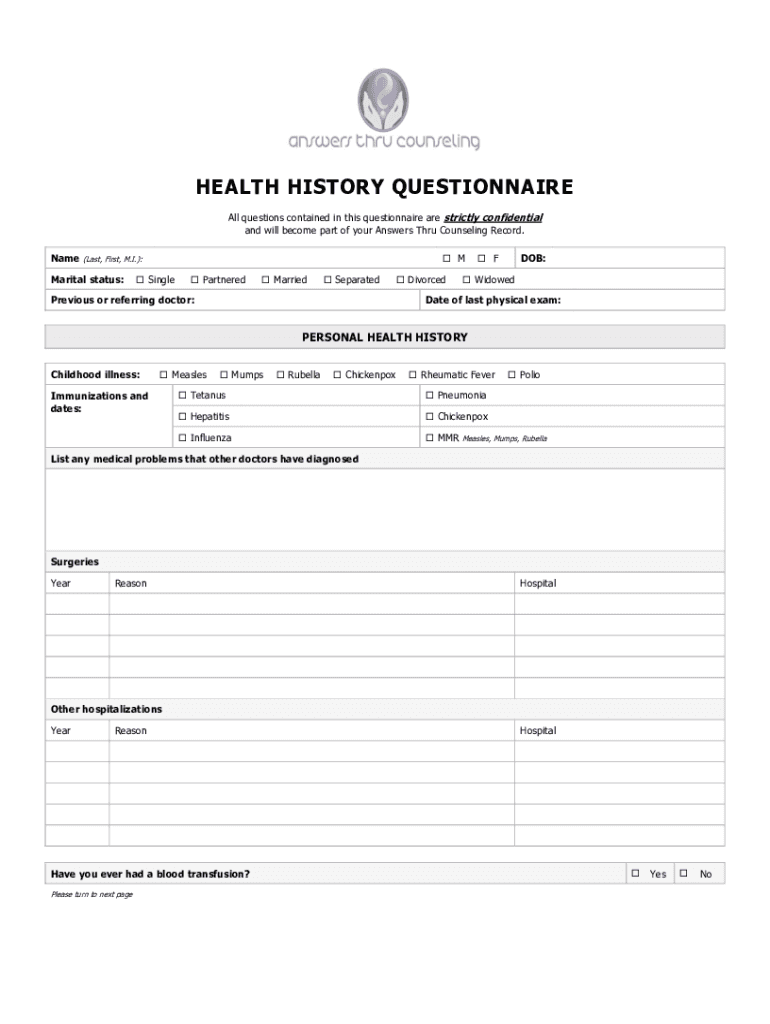 Fillable Online Family Medical History Questionnaire Health Fax Email ...
