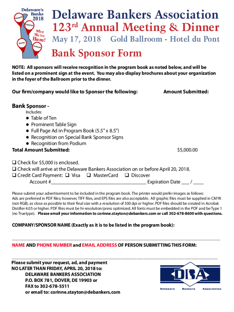 Fillable Online 2018 Dinner Bank Sponsorship Form Fax Email Print ...