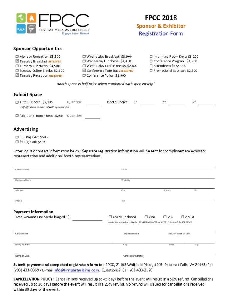 Fillable Online FPCC 2018 Sponsor & Exhibitor Registration Form Fax ...