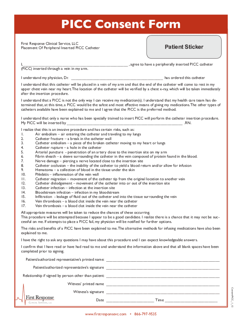 Fillable Online Peripherally inserted central catheter (PICC) line ...