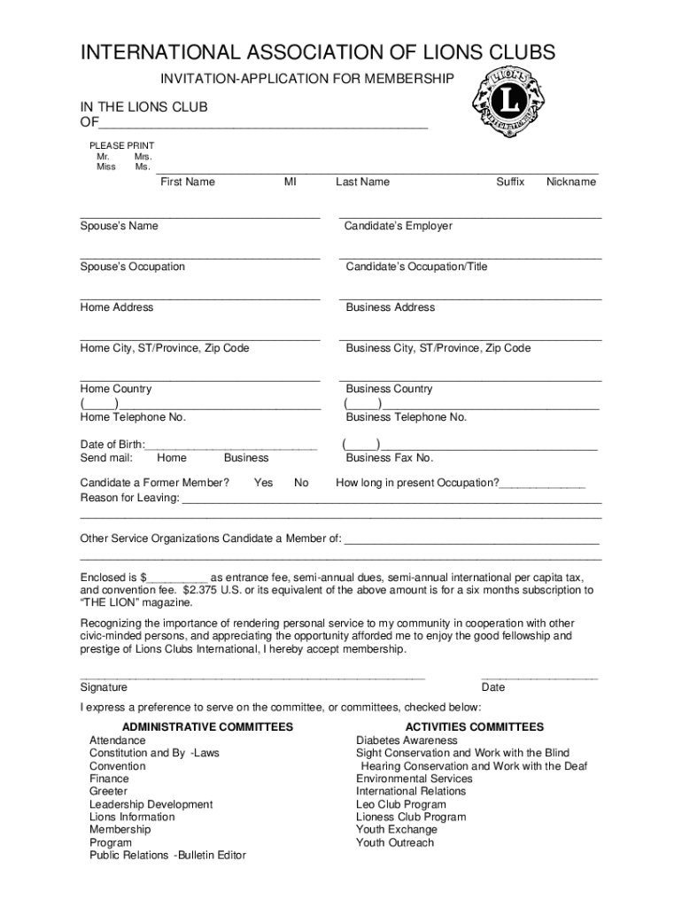 Fillable Online Membership Form. Created for Ridgefield Lions Club Fax ...