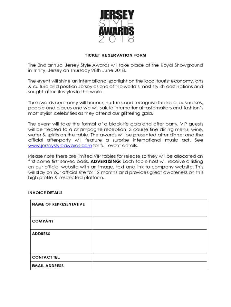 Fillable Online TICKET RESERVATION FORM 2020 - Jersey Style Awards Fax ...