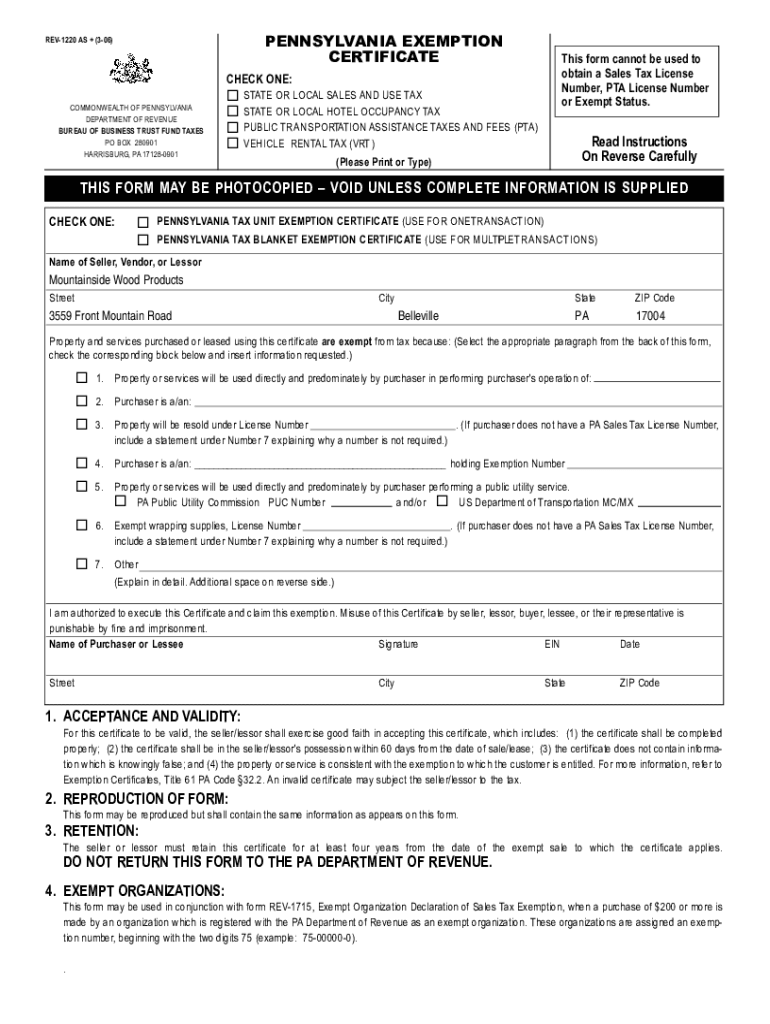 Pennsylvania Exemption Certificate - Blank Fillable Template | Fill Out ...