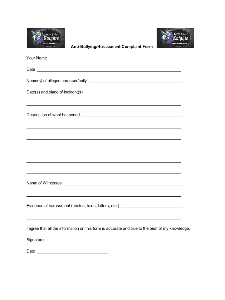 Anti-Bullying/Harassment Complaint Form - Blank Fillable Template ...