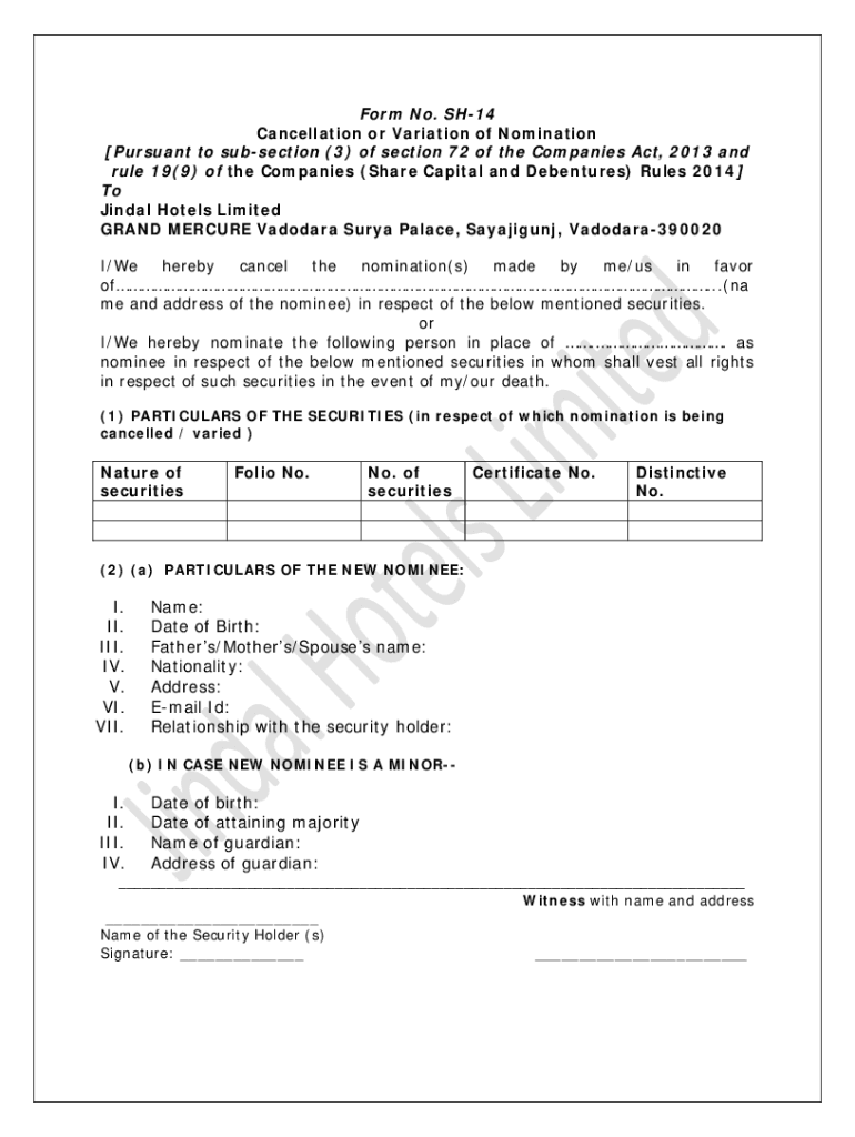 Fillable Online Form No. SH-14 Cancellation or Variation of Nomination ...