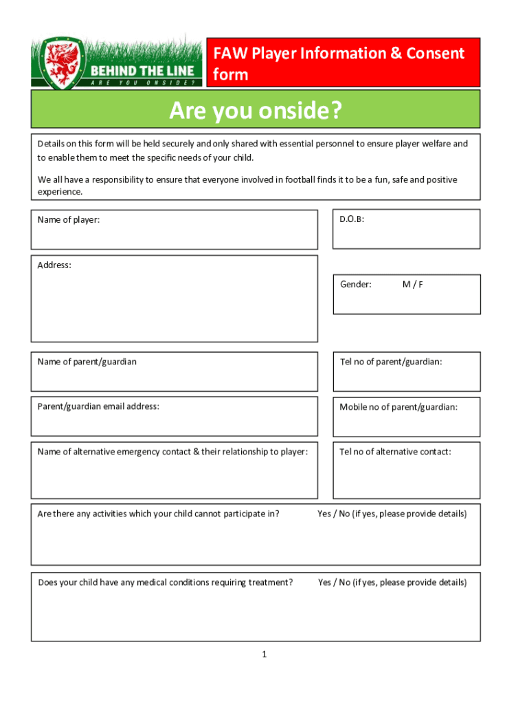 Fillable Online FAW Player Information & Consent form Are you onside ...