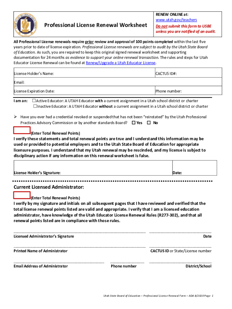 Fillable Online Professional License Renewal Worksheet - Utah State ...