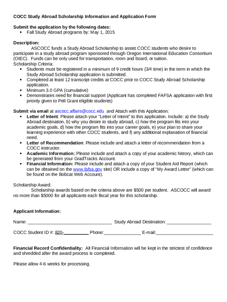 COCC Study Abroad Scholarship Ination and Application Doc Template ...
